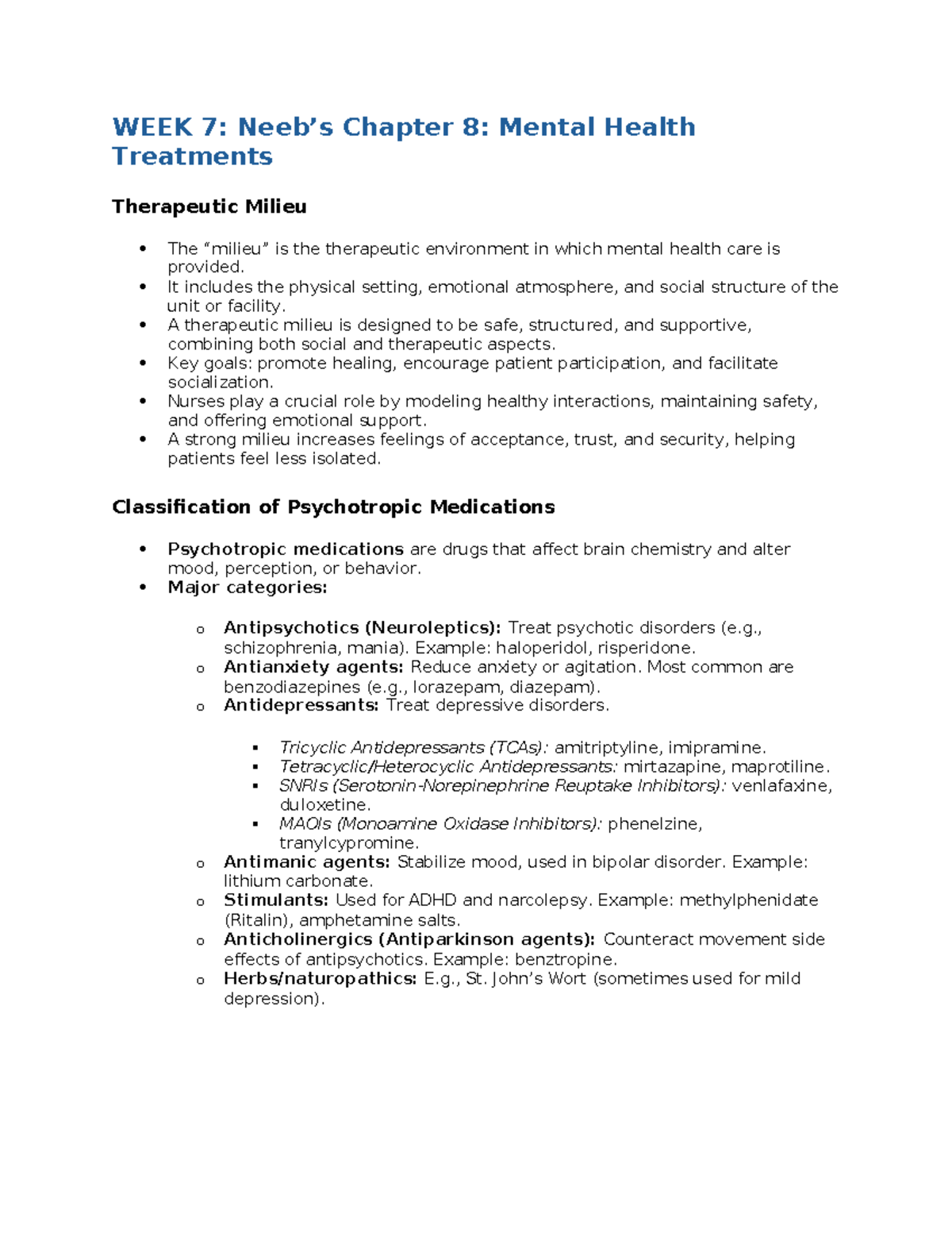 WEEK 7: Neeb's Chapter 8 - Overview of Mental Health Treatments - Studocu