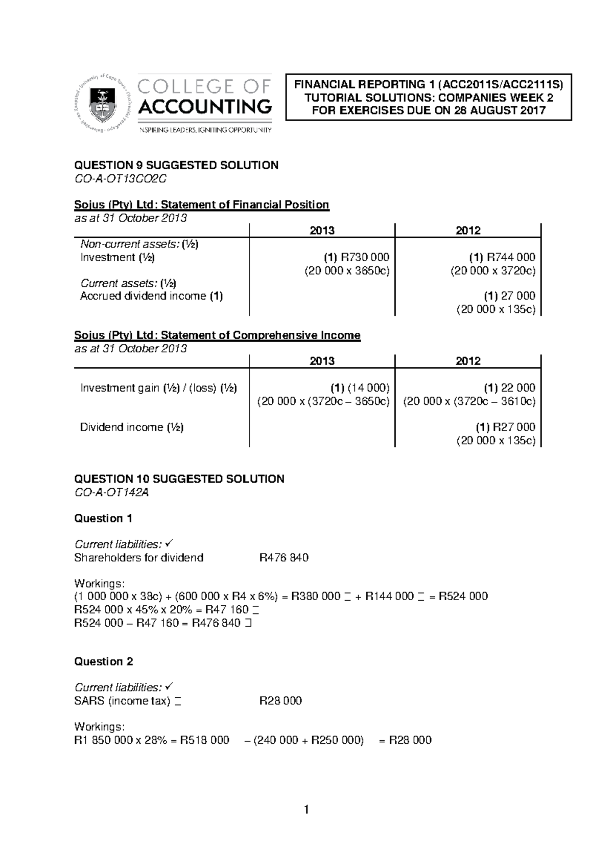 W2 Tutorial Solutions - FINANCIAL REPORTING 1 (ACC2011S/ACC2111S ...