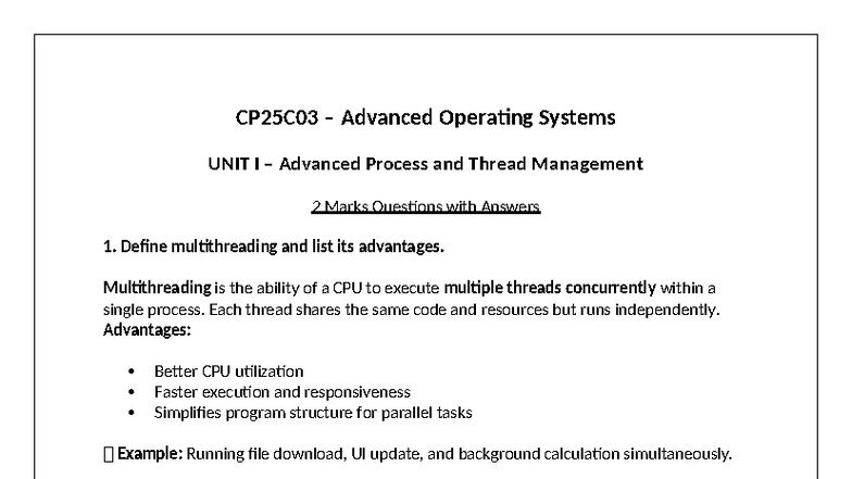 CP25C03 Advanced Operating Systems UNIT I & II 2 Marks Q&A - Studocu