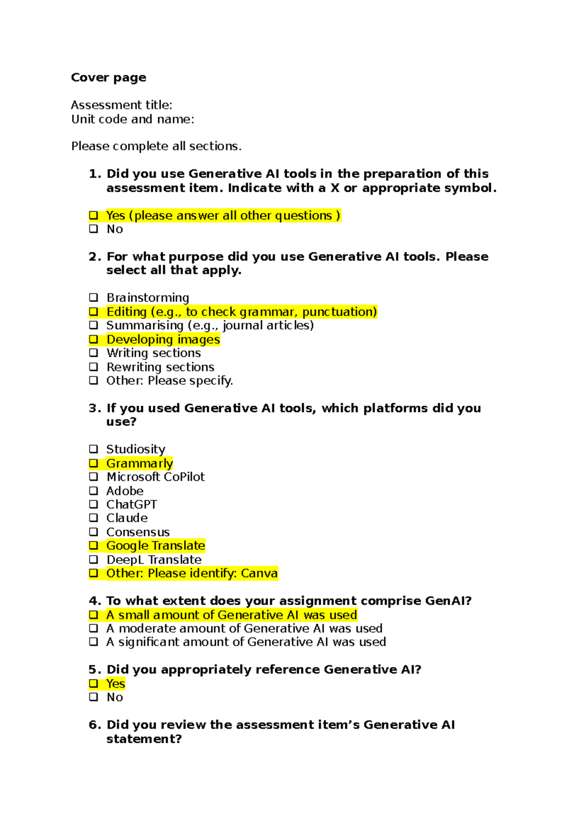 Assessment Cover Page: Generative AI Usage Declaration - Studocu