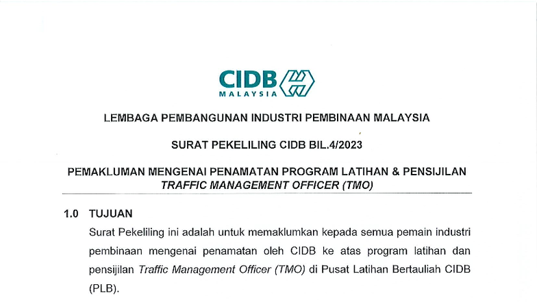 Srt Pekeliling CIDB Bil.4-2023: Penamatan Program TMO dan CTMO - Studocu