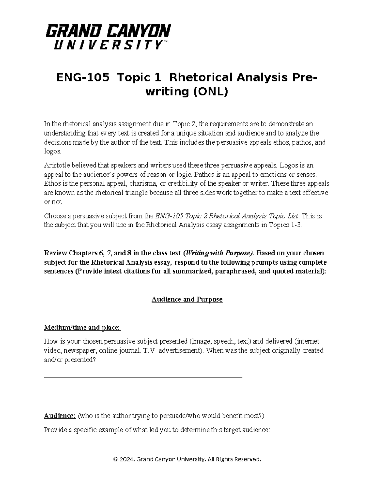 ENG-105ONL T1 Rhetorical Analysis Pre-Writing Exercise Guide - Studocu