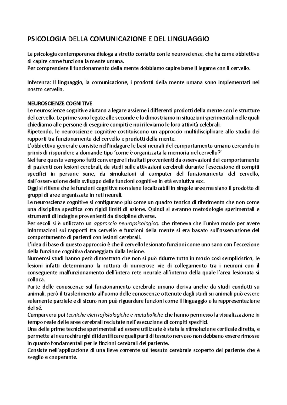 Psicologia della Comunicazione e Neuroscienze Cognitive - Appunti - Studocu