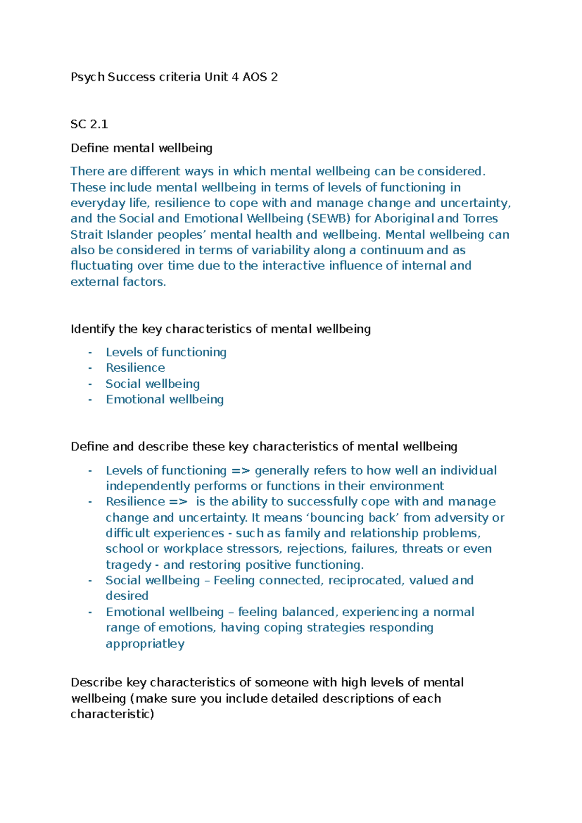 Psych Success Criteria: Mental Wellbeing & Phobias - Unit 4 AOS 2 - Studocu