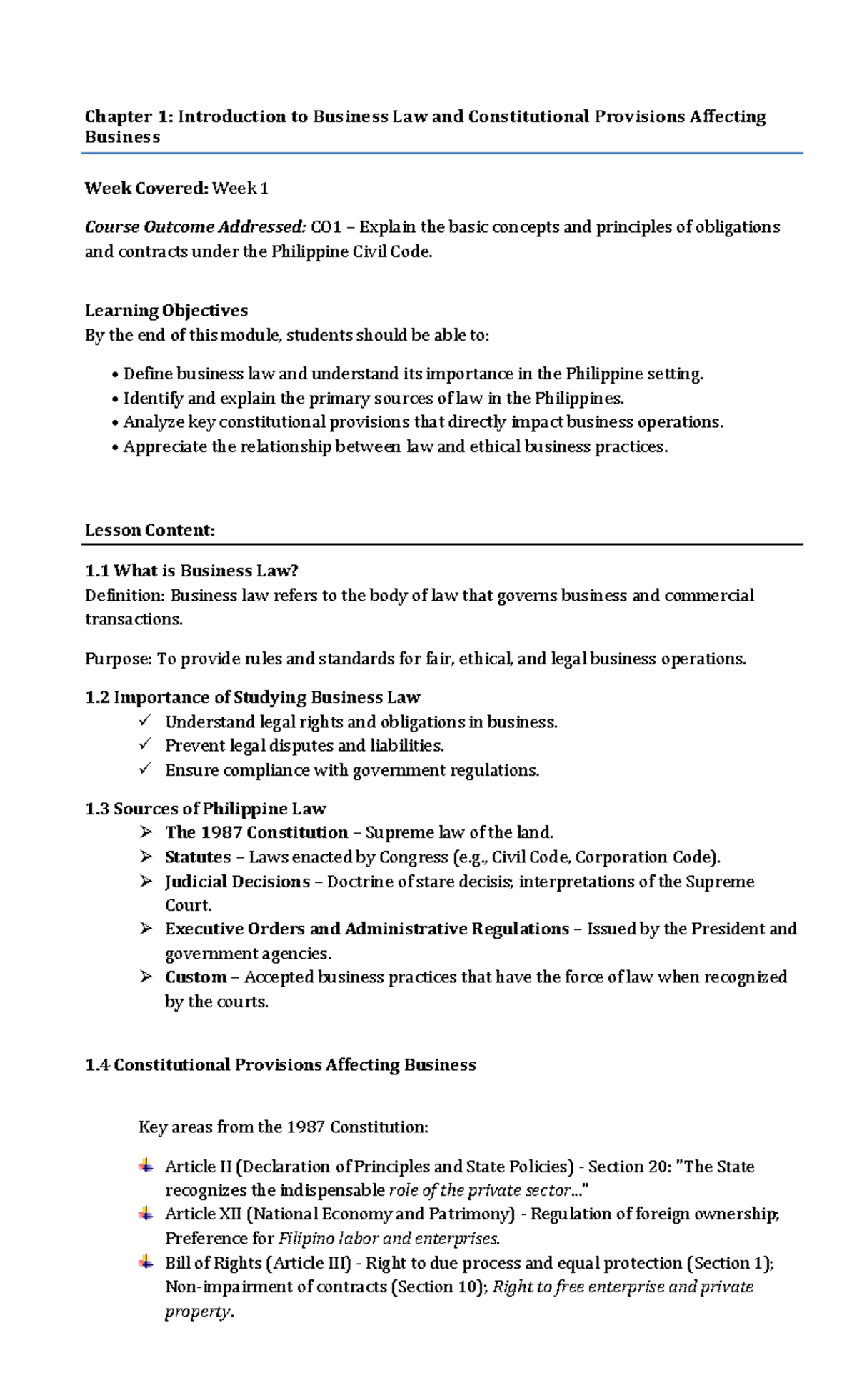 BLR Chapter 1: Intro to Business Law & Constitutional Provisions - Studocu