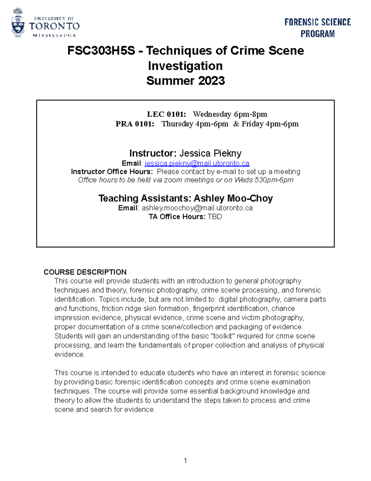 FSC303H5S Summer 2023: Crime Scene Investigation Techniques Syllabus ...