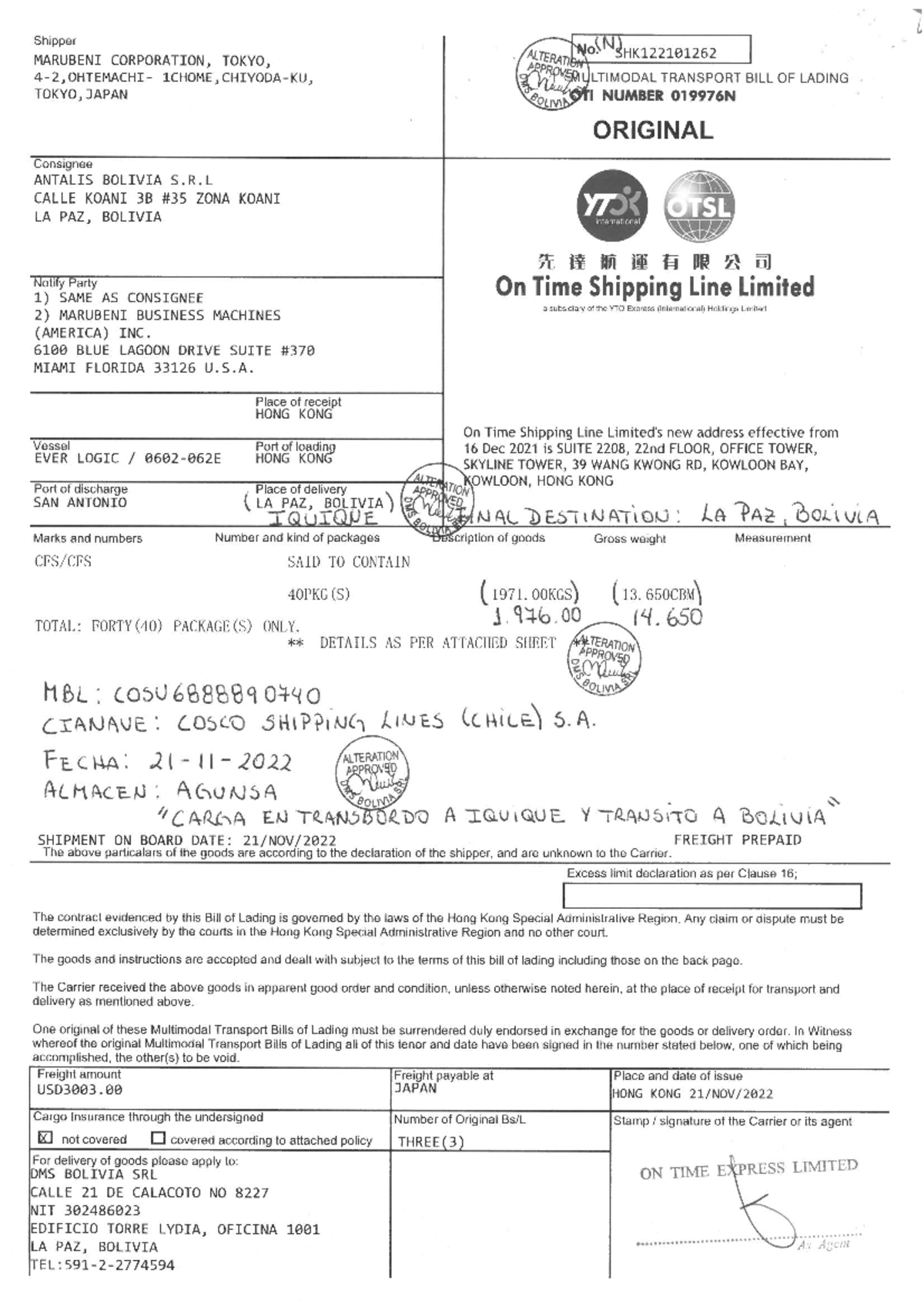 Multimodal Transport Bill of Lading - SHK122101262 for MARUBENI to ...
