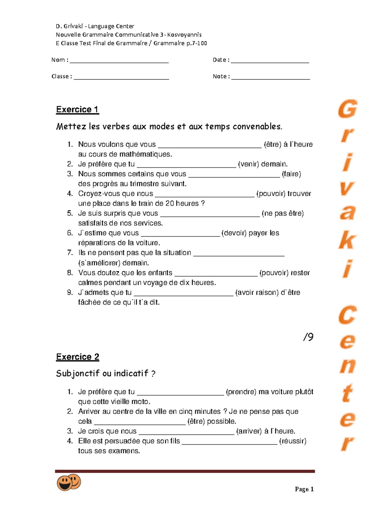 Test Final de Grammaire - D. Grivaki Language Center - Classe E - Studocu