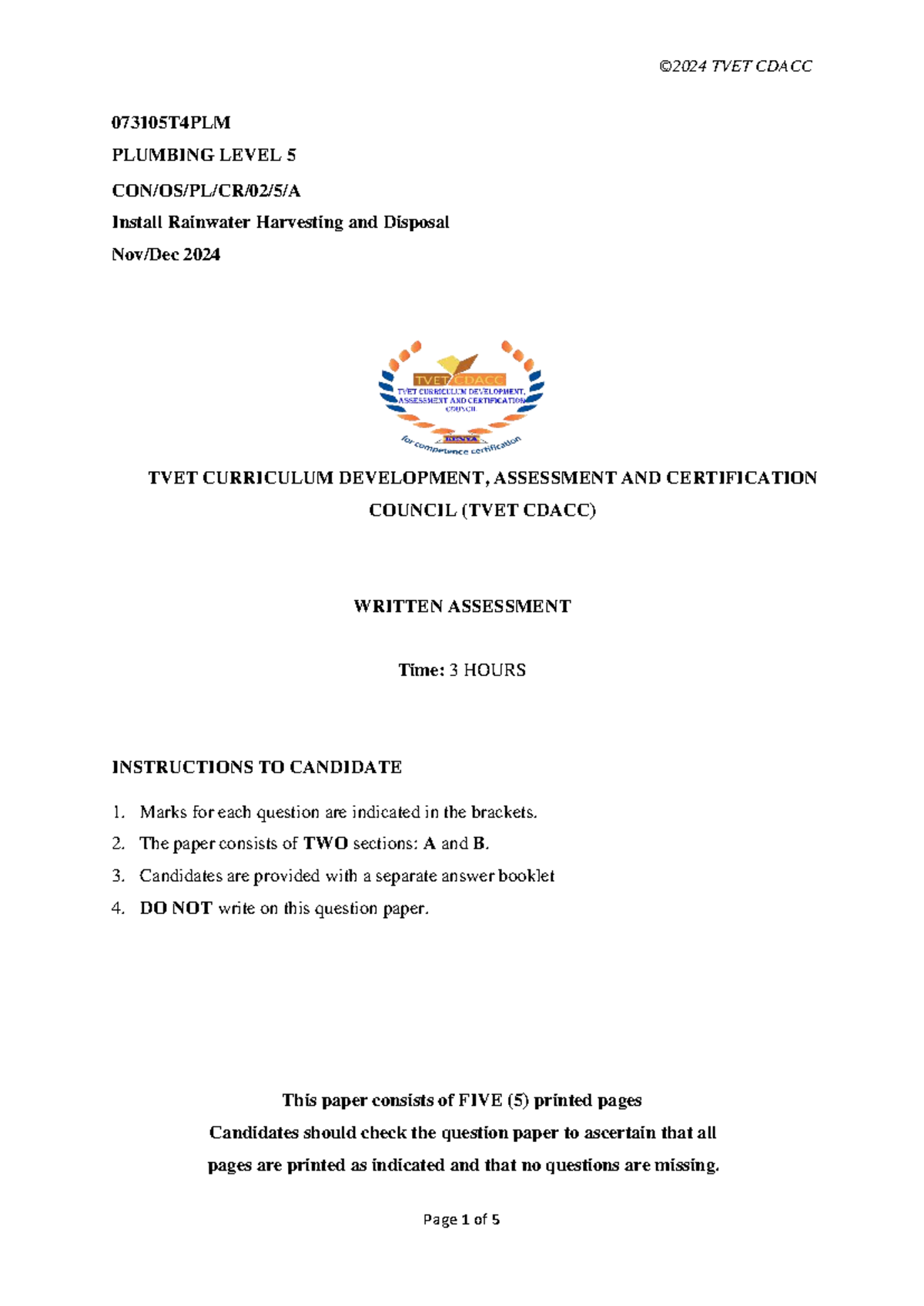 TVET CDACC 073105T4PLM Plumbing Level 5: Rainwater Harvesting ...