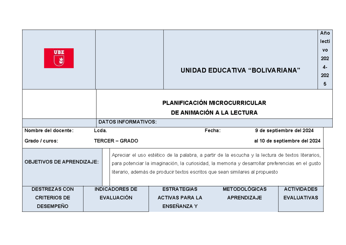 Planificación Microcurricular: Animación a la Lectura (3er Grado) 2024-2025 - Studocu