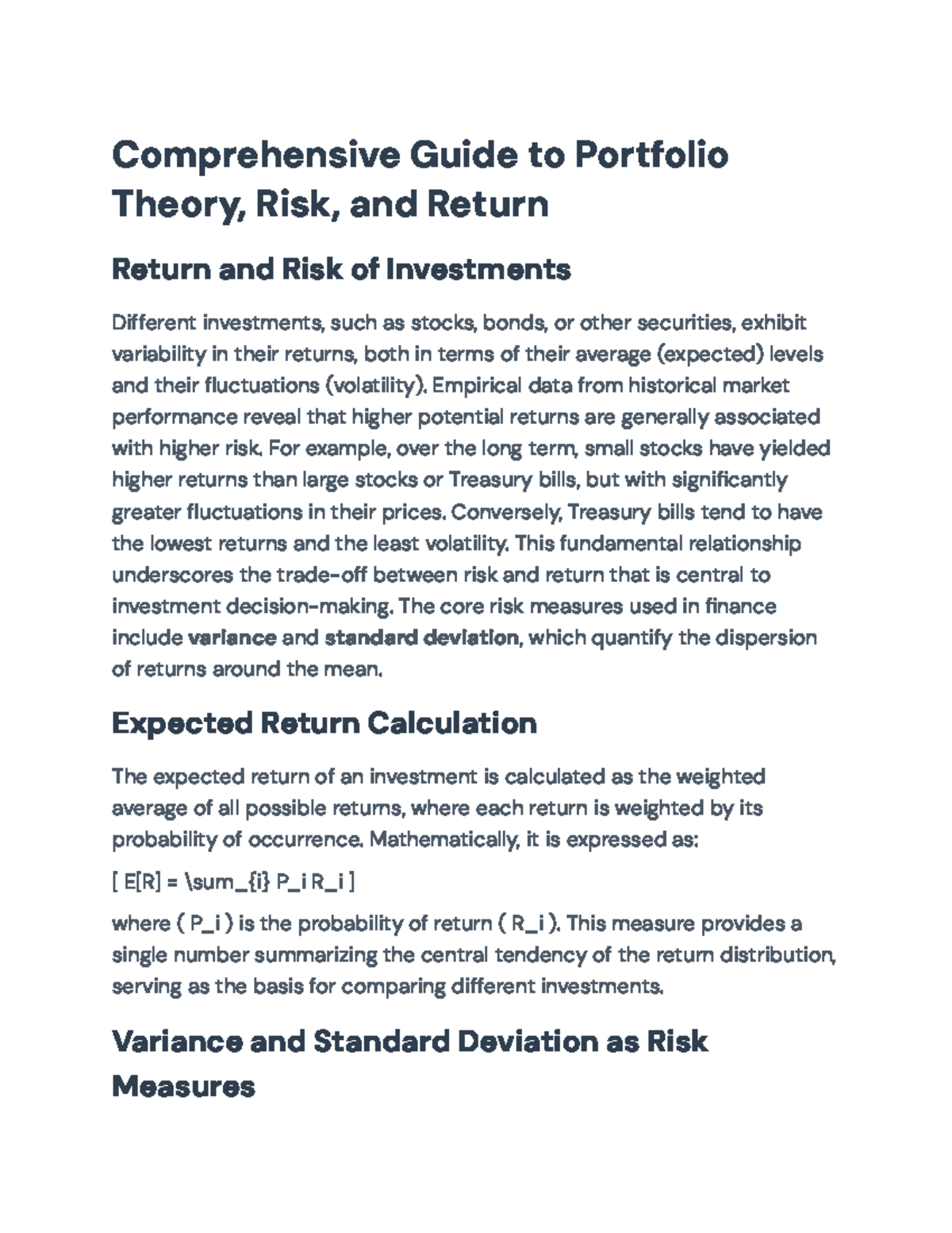 Comprehensive Guide to Portfolio Theory: Risk and Return Analysis - Studocu
