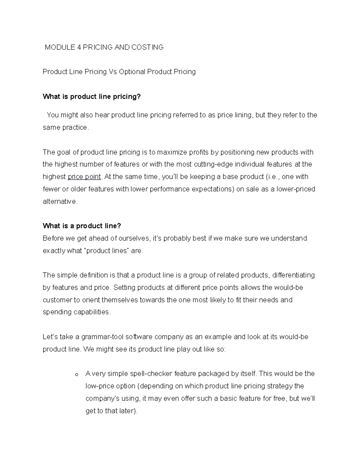Module 4 Pricing And Costing Module 4 Pricing And Costing Product Line Pricing Vs Optional