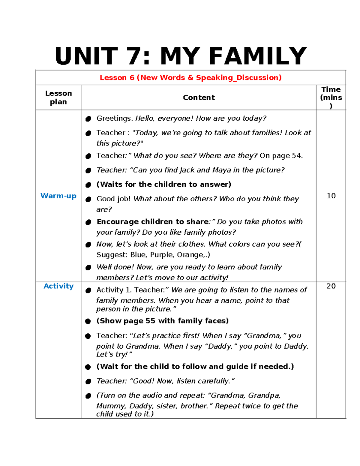 ASSC4VT BG01: Unit 7 - My Family Lesson Plan & Activities - Studocu