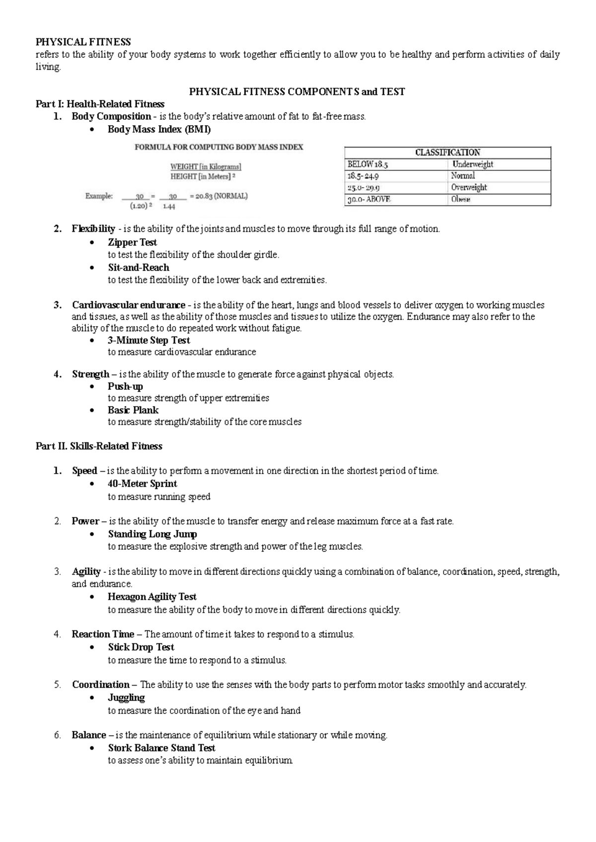 PHYSICAL FITNESS COMPONENTS & TESTS - Notes for Course PHYS 101 - Studocu