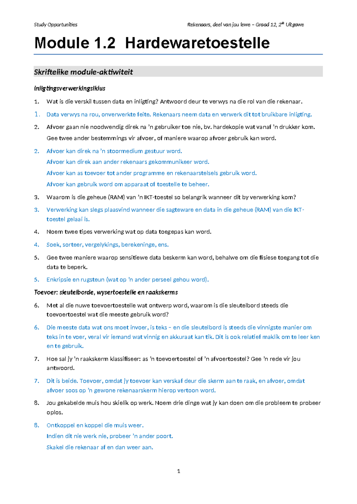 Module 1.2 Hardewaretoestelle Antwoorde - Skriftelike Aktiwiteit - Studocu