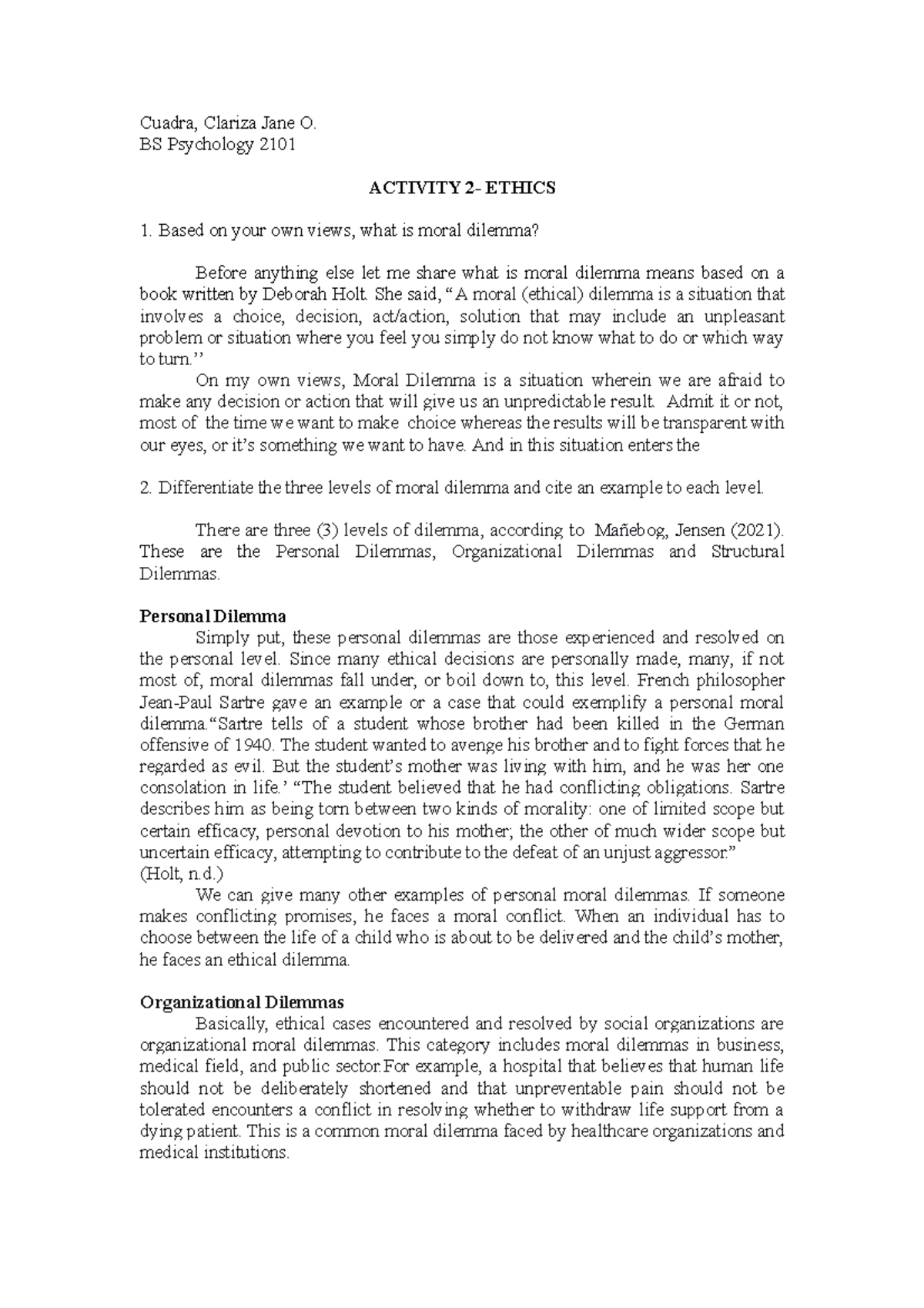 Explanation about Moral Dilemma Assignment in Ethics- GED 107 - Cuadra ...