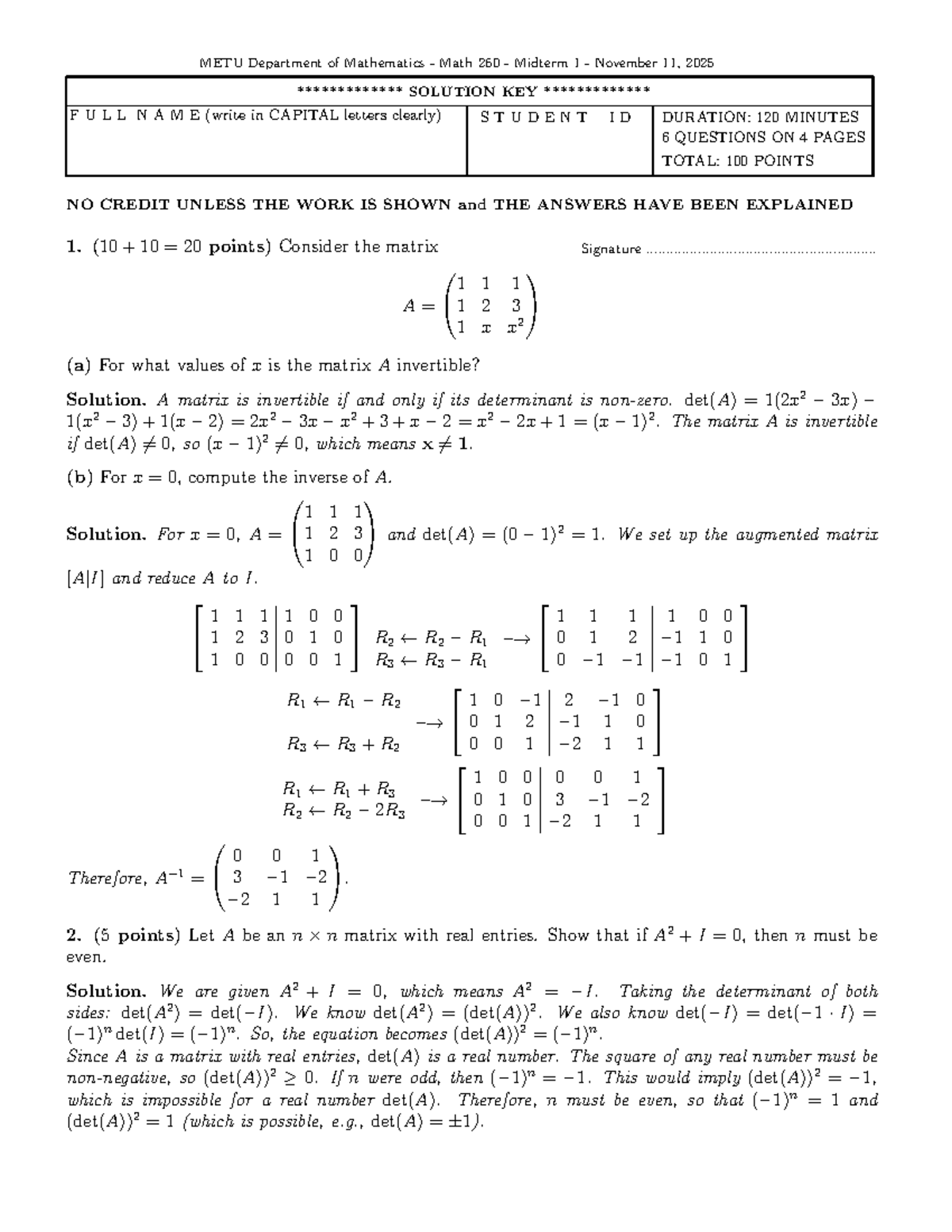 Math 260 Midterm 1 Sample Solutions - November 11, 2025 - Studocu