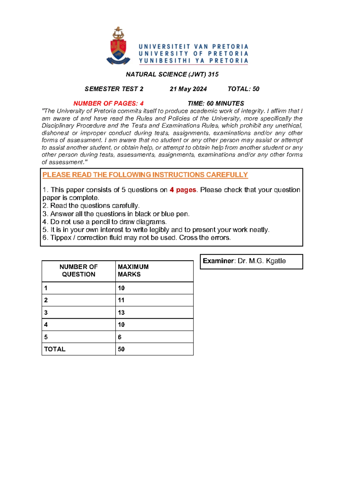NATURAL SCIENCE (JWT) 315 SEMESTER TEST 2 MEMO - 7 May 2025 - Studocu