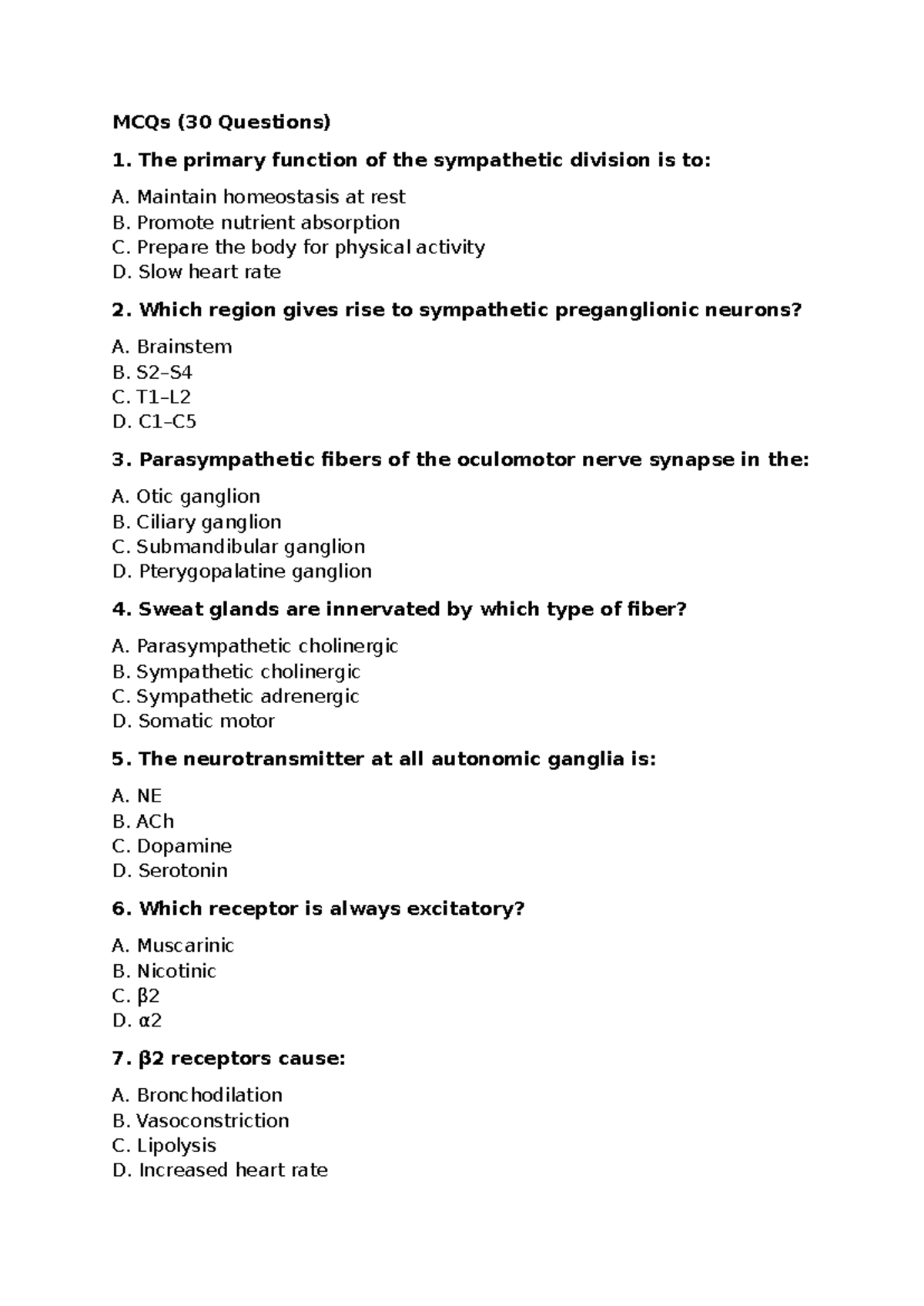 ANSS - MCQs Practice Sheet (30 Questions) on Autonomic Nervous System ...