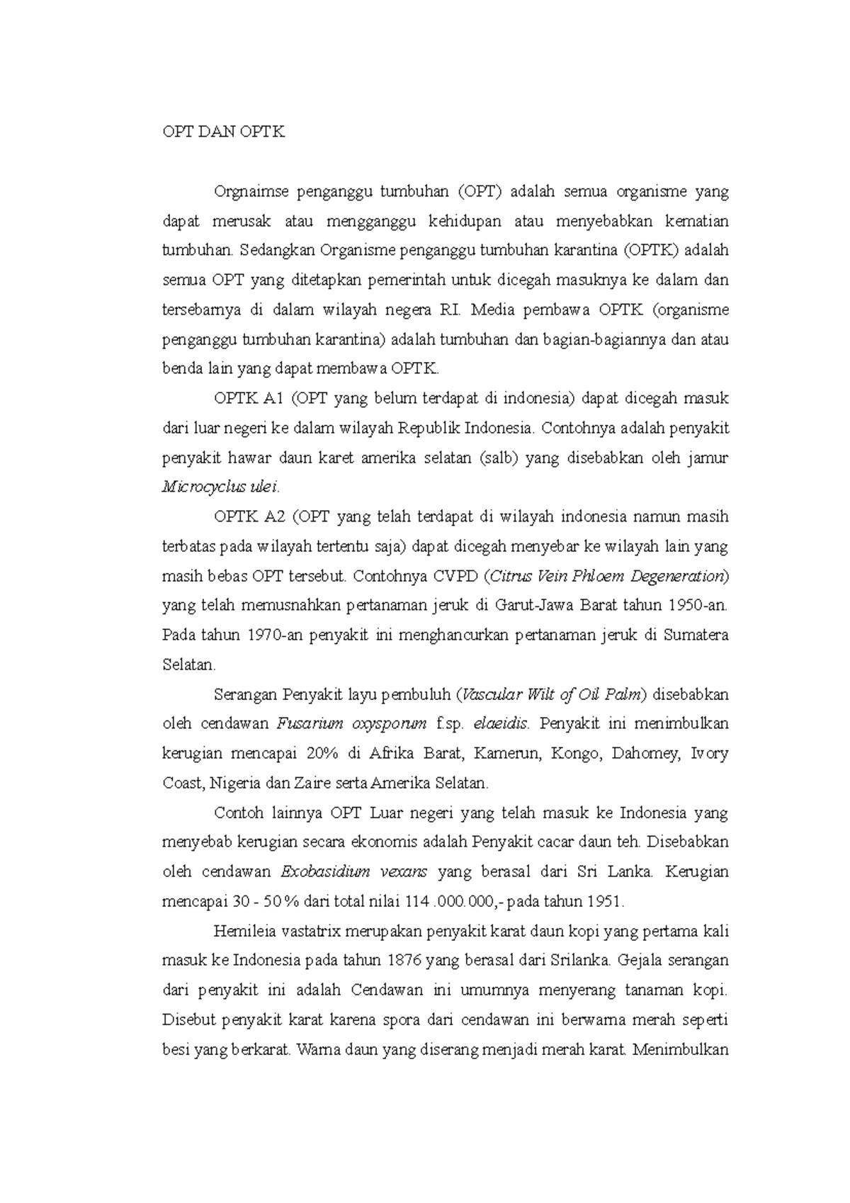 OPT dan OPTK: Pemahaman Tentang Organisme Penganggu Tumbuhan - Studocu
