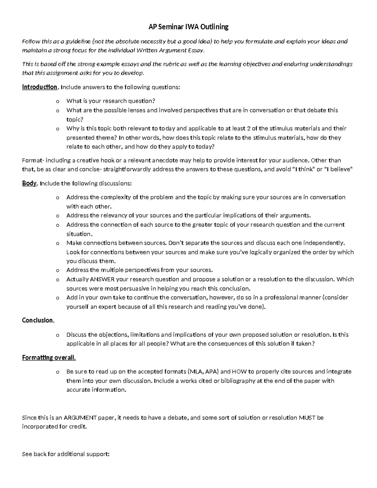 AP Seminar IWA: Outline for Individual Written Argument Essay - Studocu