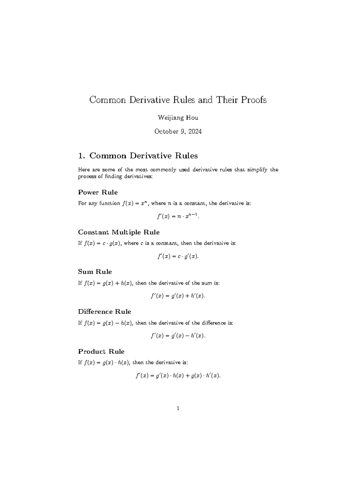 Common Derivative Rules and Proofs for Calculus 101 - Common Derivative ...