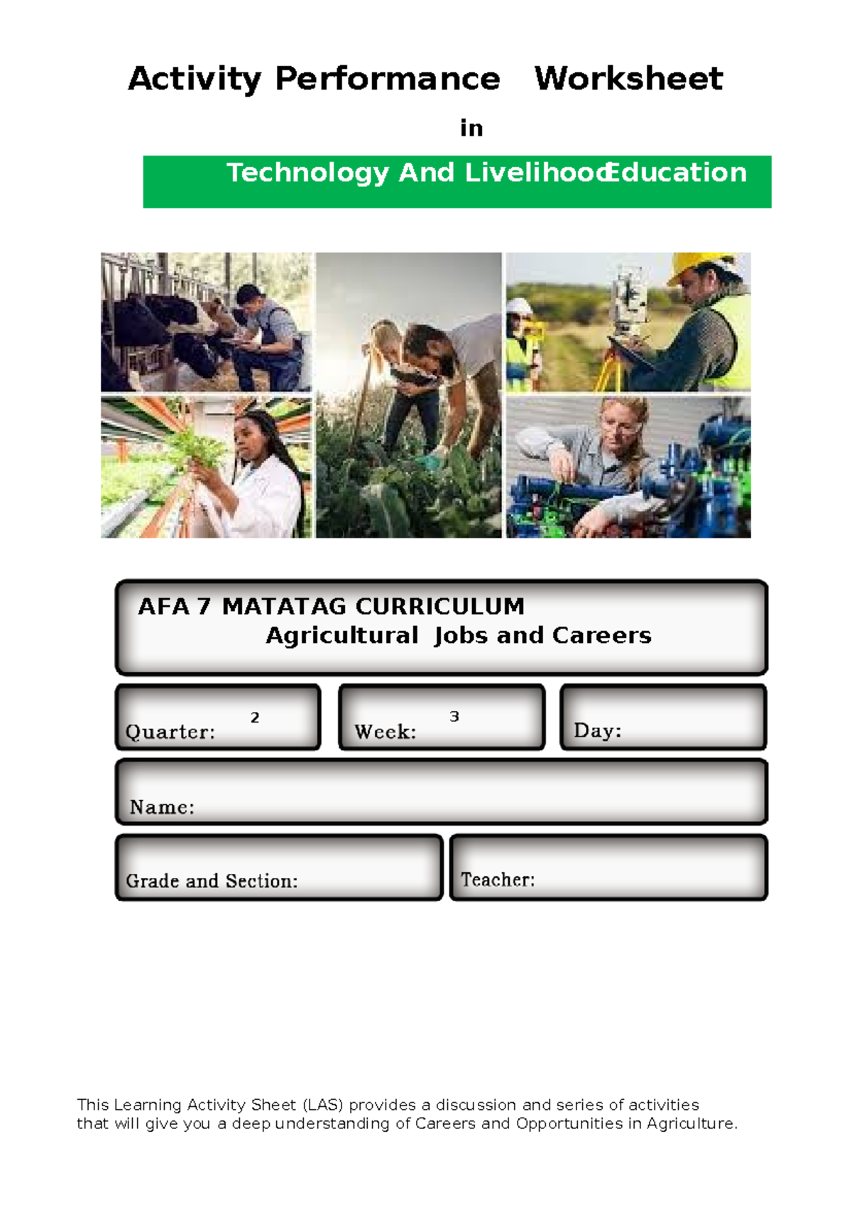 AFA 7 Lesson: Agricultural Career Opportunities Activity Worksheet ...