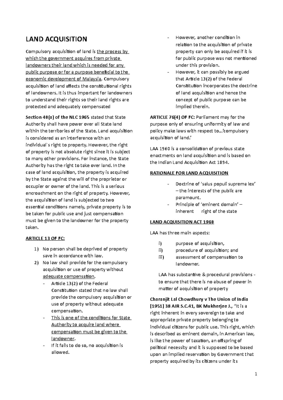 LAND Acquisition Overview and Rights: Key Notes for Students - Studocu