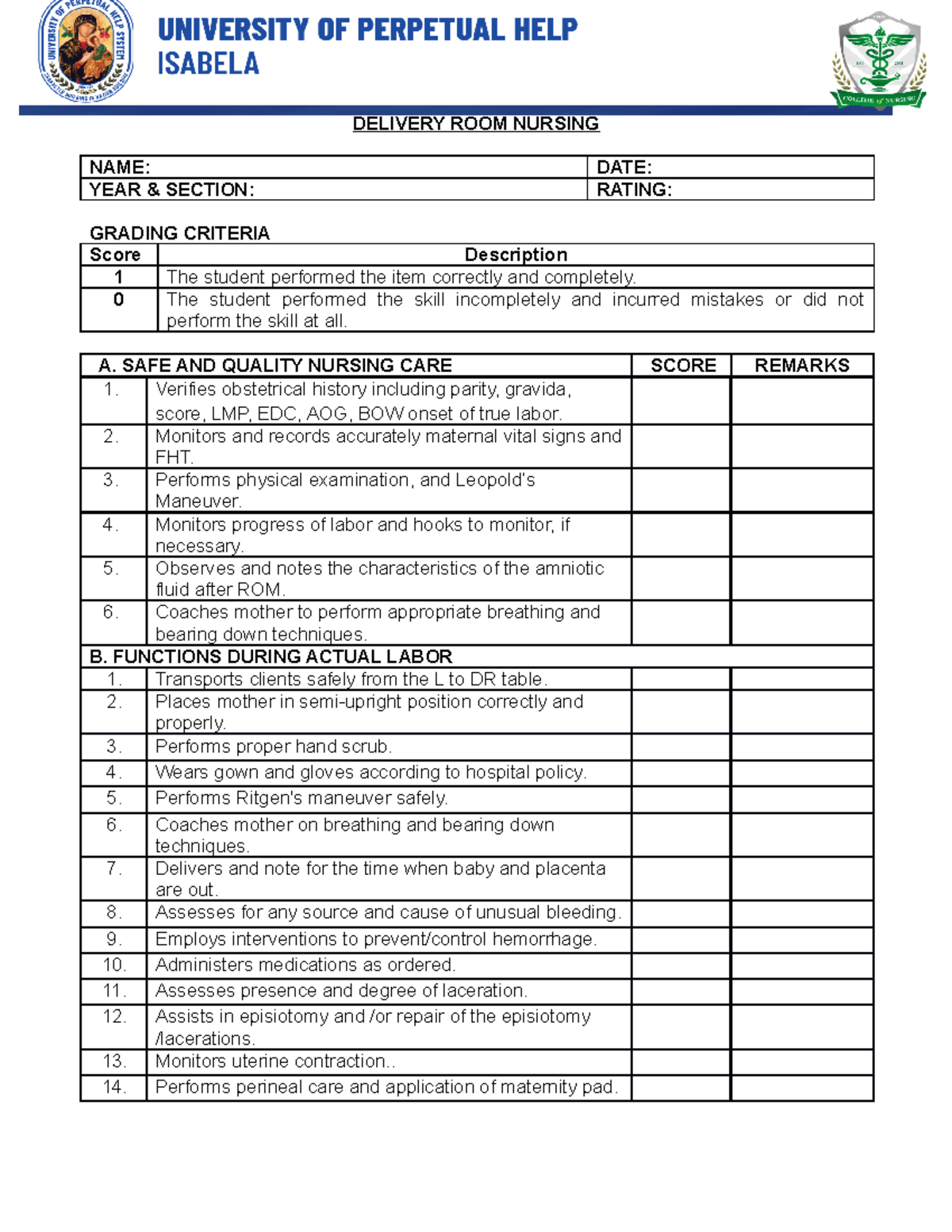 Delivery Room Nursing: Guidelines and Evaluation Criteria - Studocu