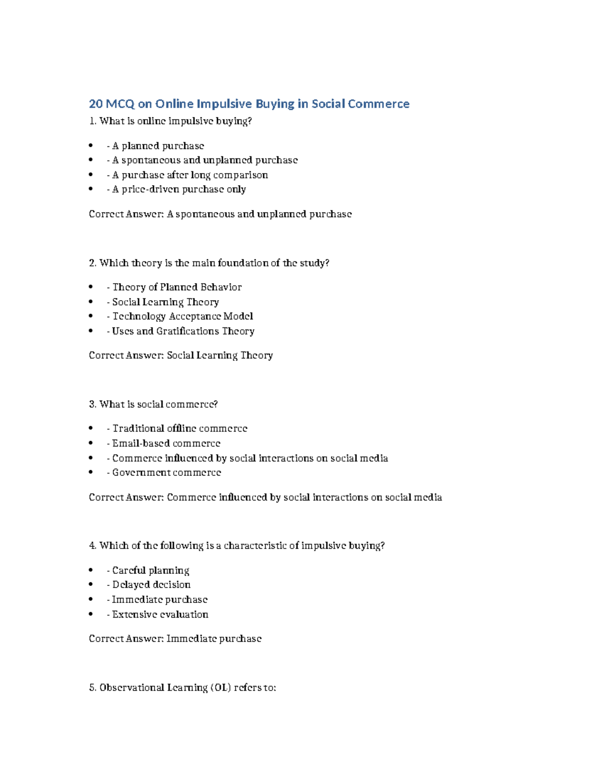MCQ on Impulsive Buying in Social Commerce (Course Code: EN) - Studocu