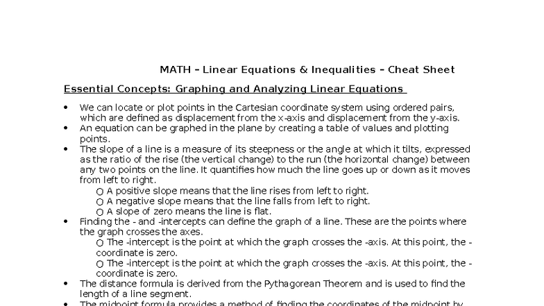 MATH Linear Equations & Inequalities Cheat Sheet: Key Concepts - Studocu