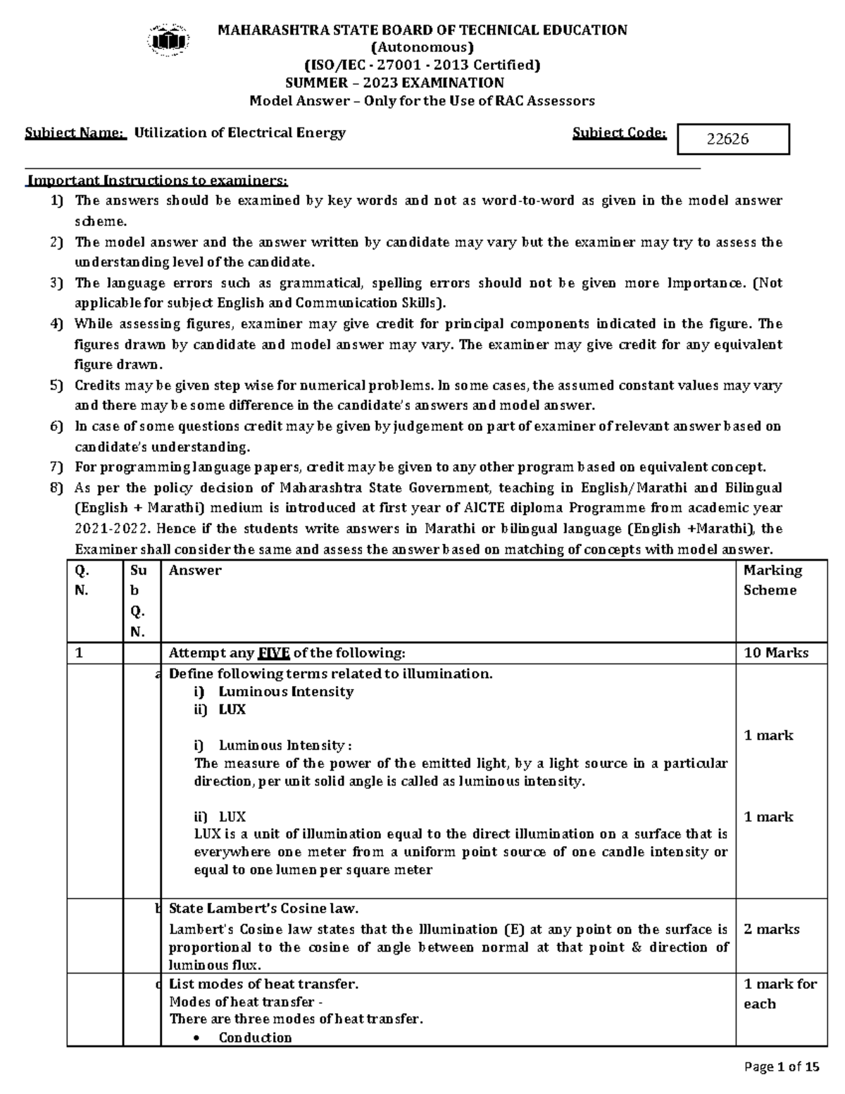 S23 MA - Model Answer for Utilization of Electrical Energy (22626) Summer 2023 - Studocu
