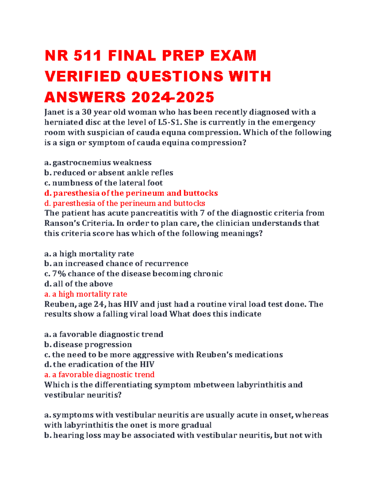 NR 511 FINAL PREP EXAM VERIFIED QUESTIONS & ANSWERS 2024-2025 - Studocu
