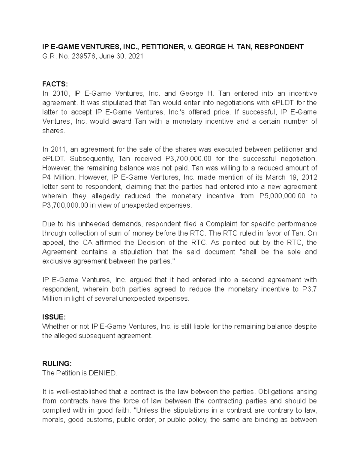 IP E - OBLICON: Case Study of IP E-Game Ventures vs. George H. Tan ...