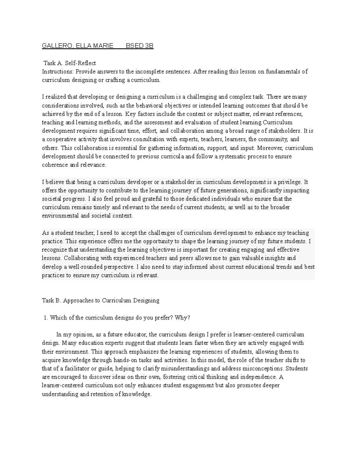 ED 210 Unit 3 Reflection & Approaches to Curriculum Design - Studocu