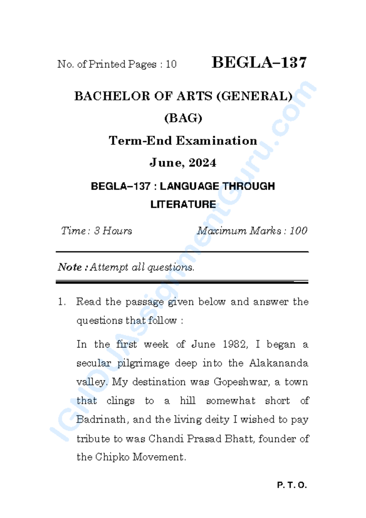 29. June 2024 Begla-137 Ignouassignment Guru - P. T. O. No. of Printed ...