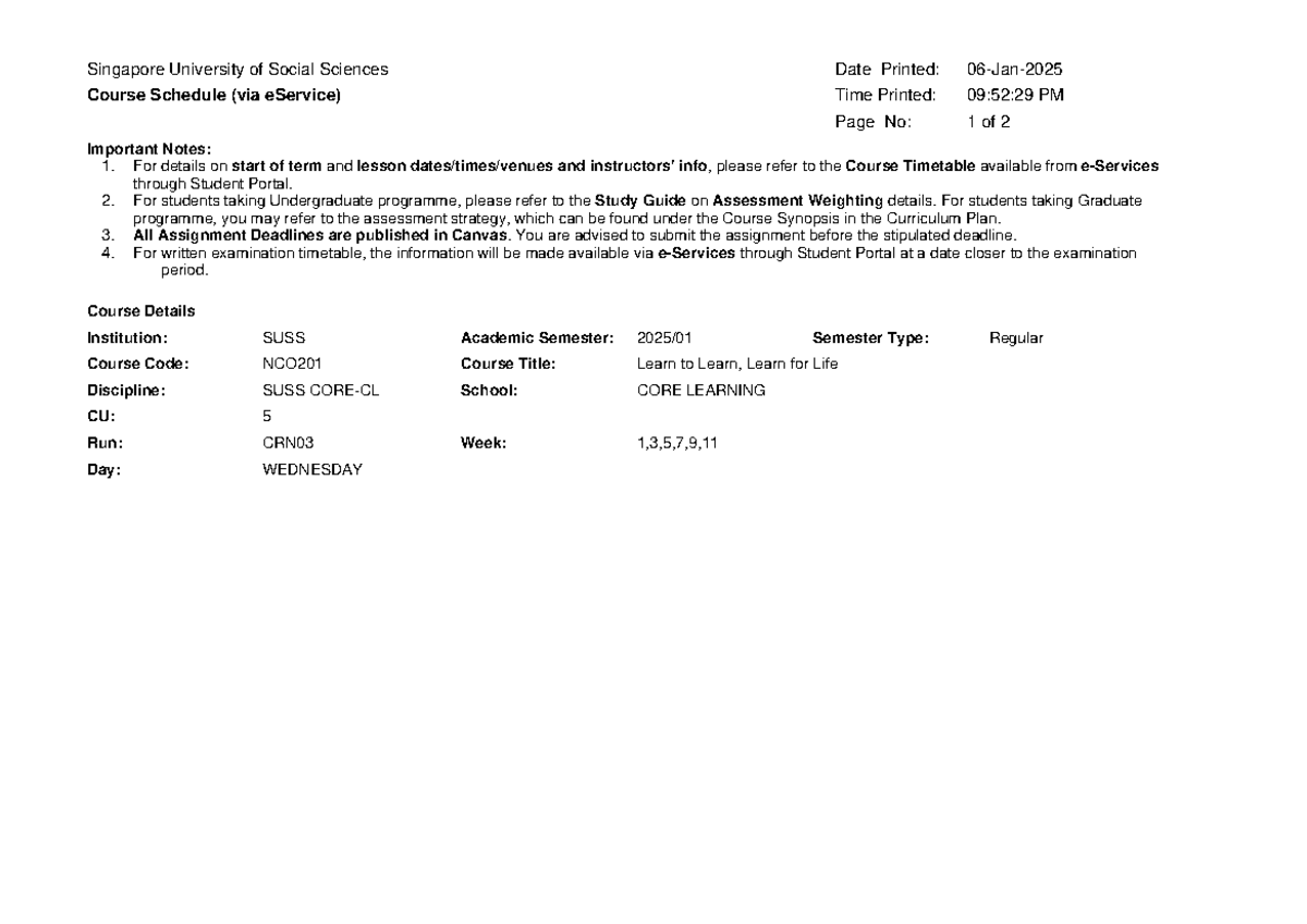 NCO201 course timetable for semester details and important notes - Studocu