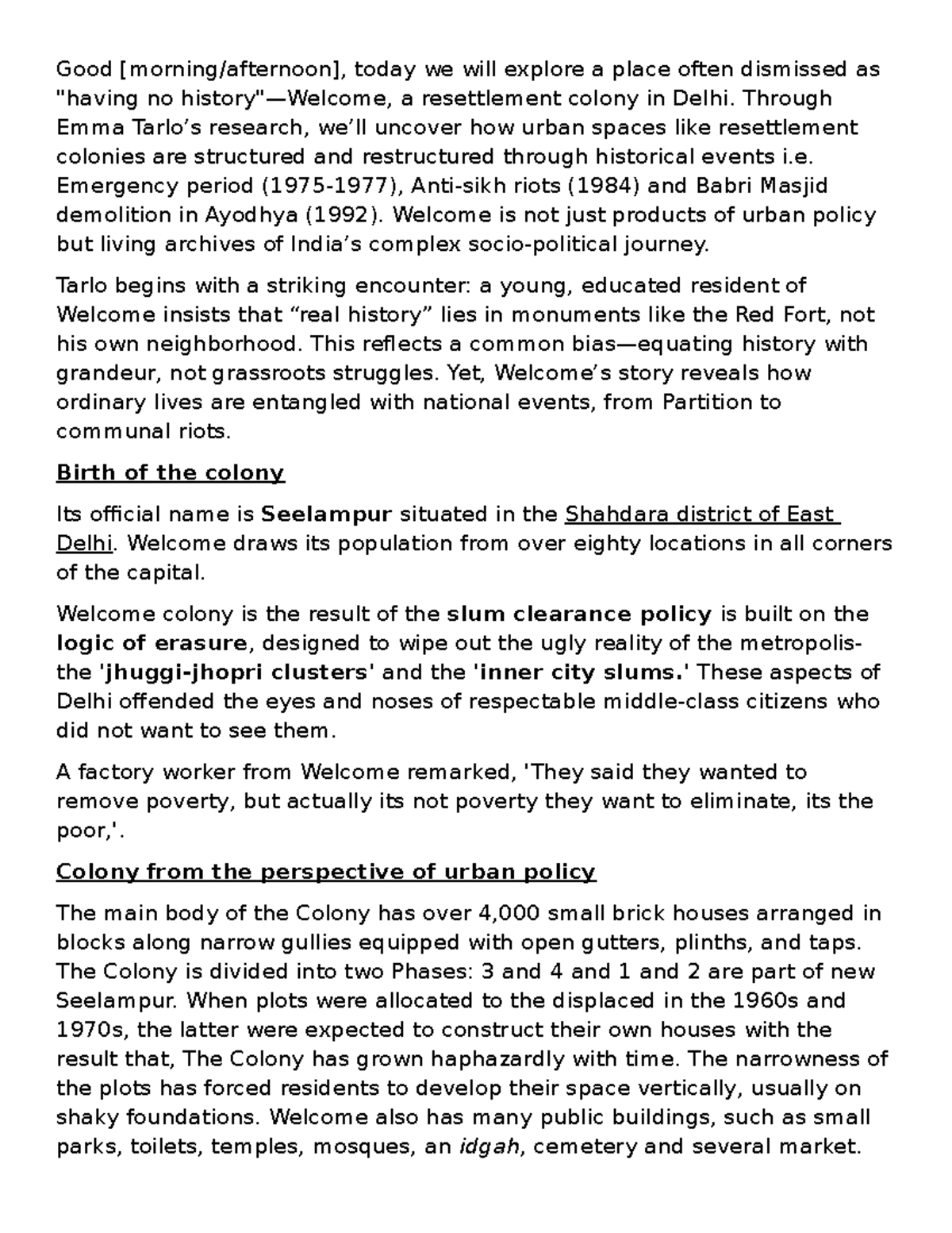 Exploring Welcome Colony: Urban Resettlement in Delhi (Emma Tarlo ...