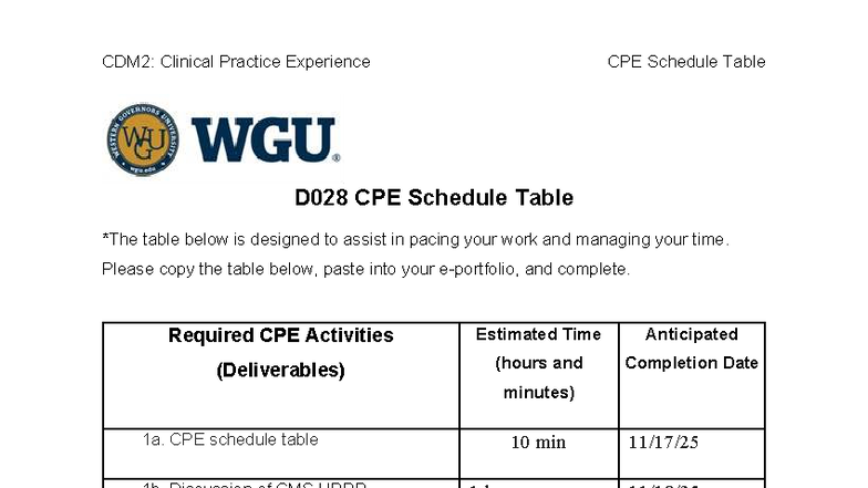 CPE Schedule Table Template - CDM2: Clinical Practice Experience CPE ...