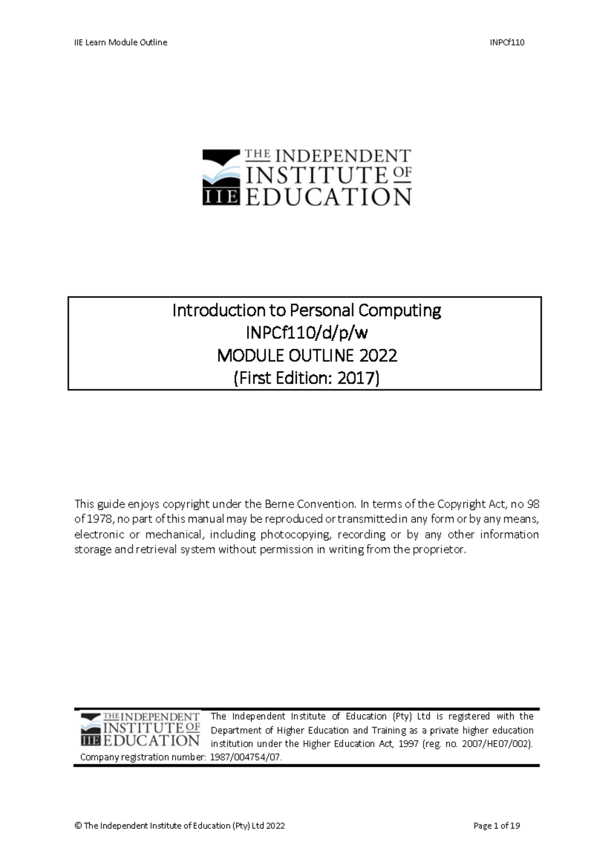 INPCf110 - Introduction to Personal Computing Module Outline 2022 - Studocu