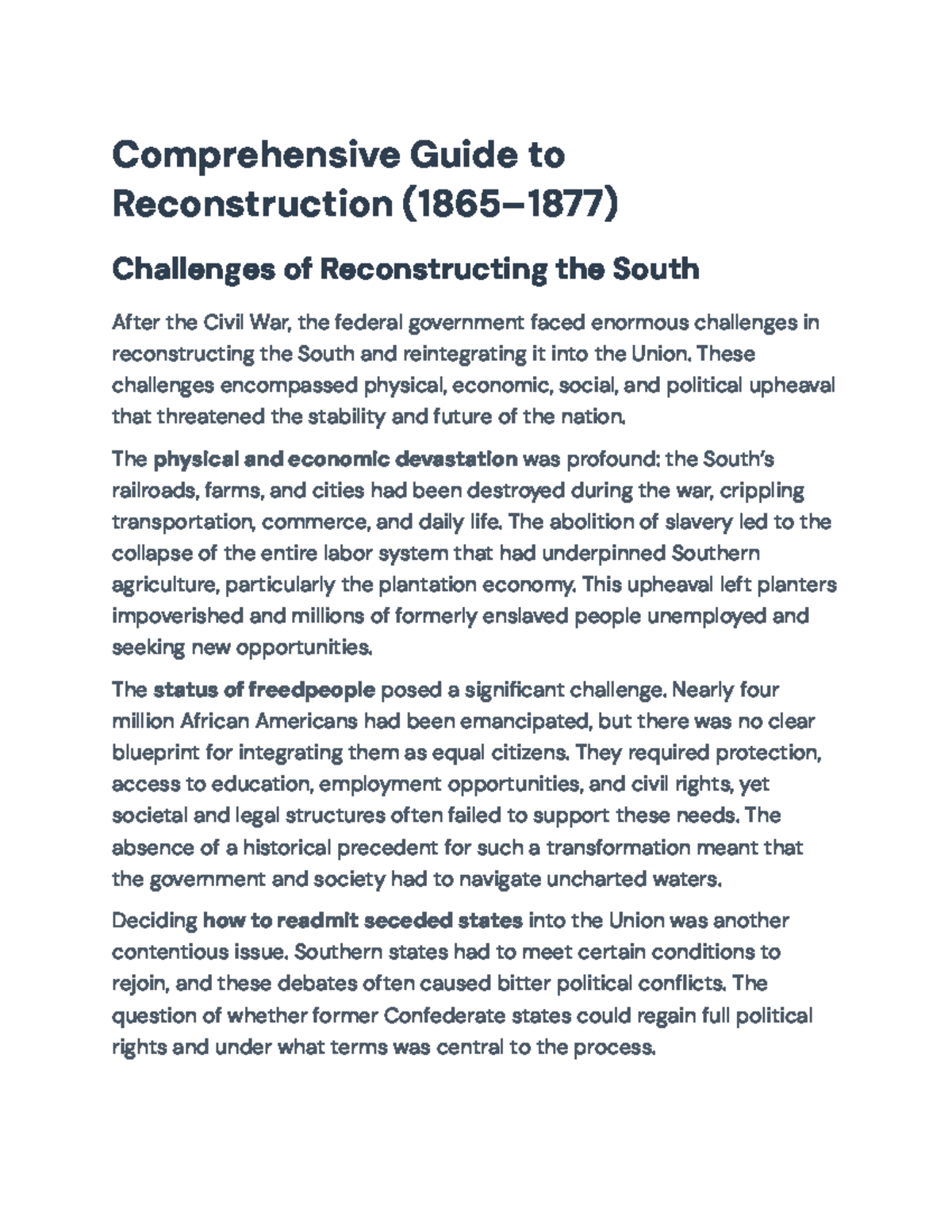 Reconstruction Policies Overview (1865–1877): Challenges & Legacy - Studocu