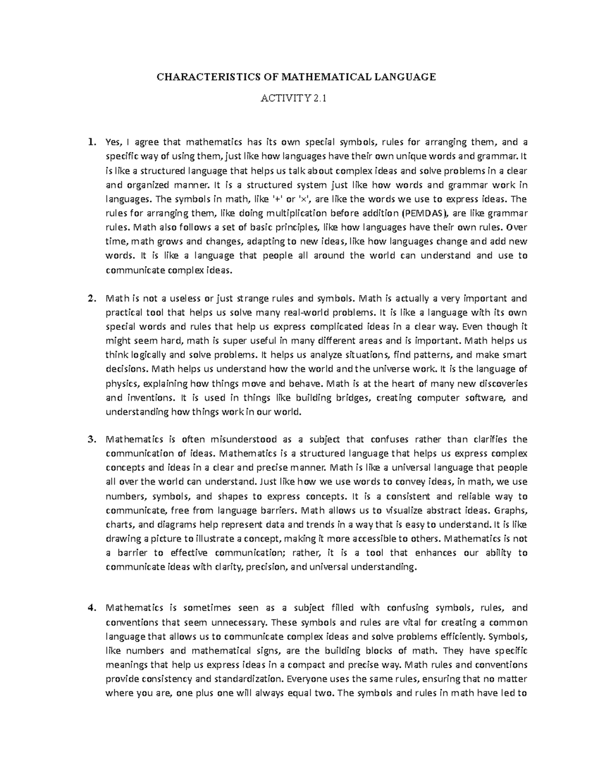 Characteristics of Mathematical Language: Clear Communication ...
