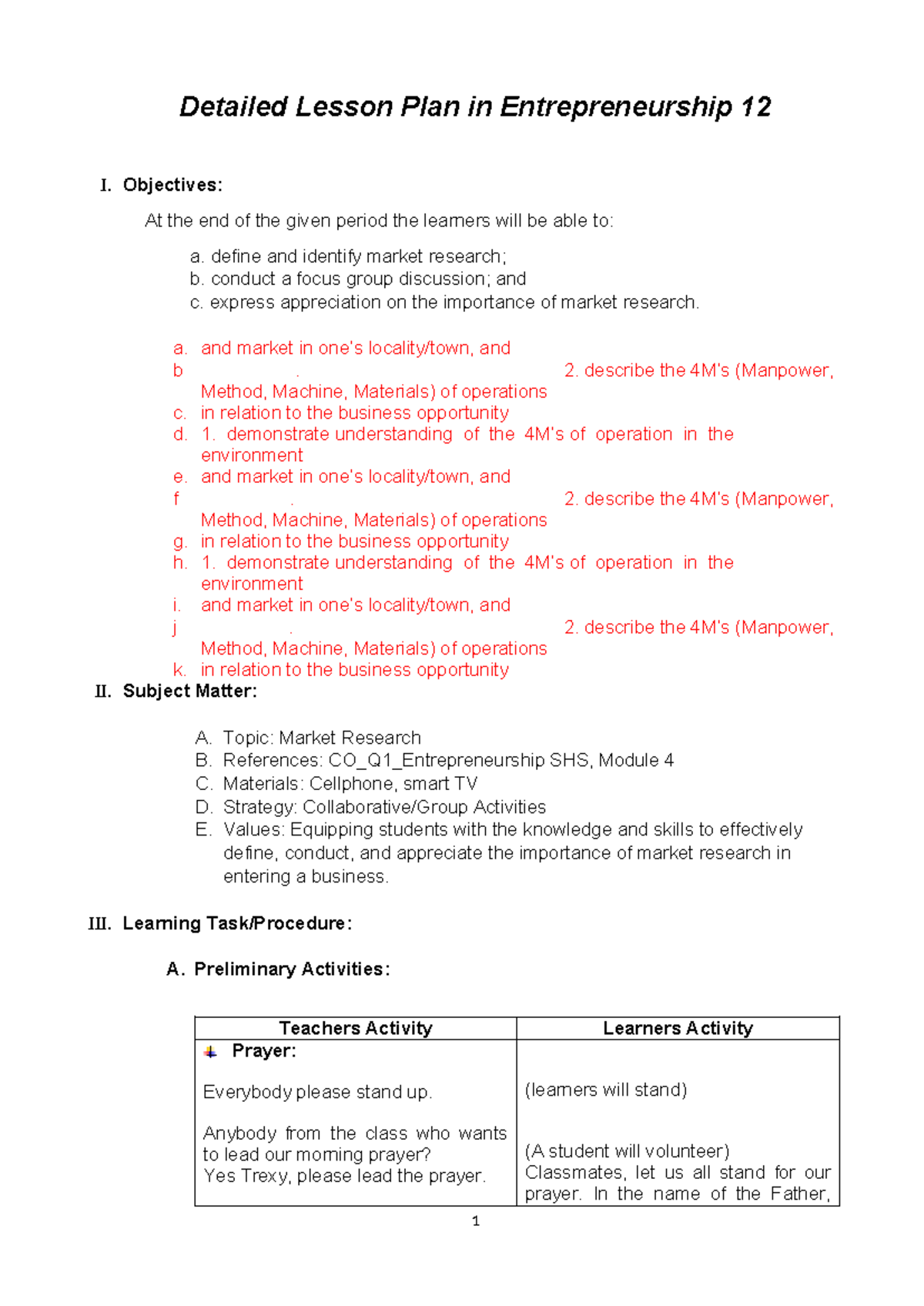 DLP 4As Entrep. M4 - Detailed Lesson Plan on Market Research - Studocu