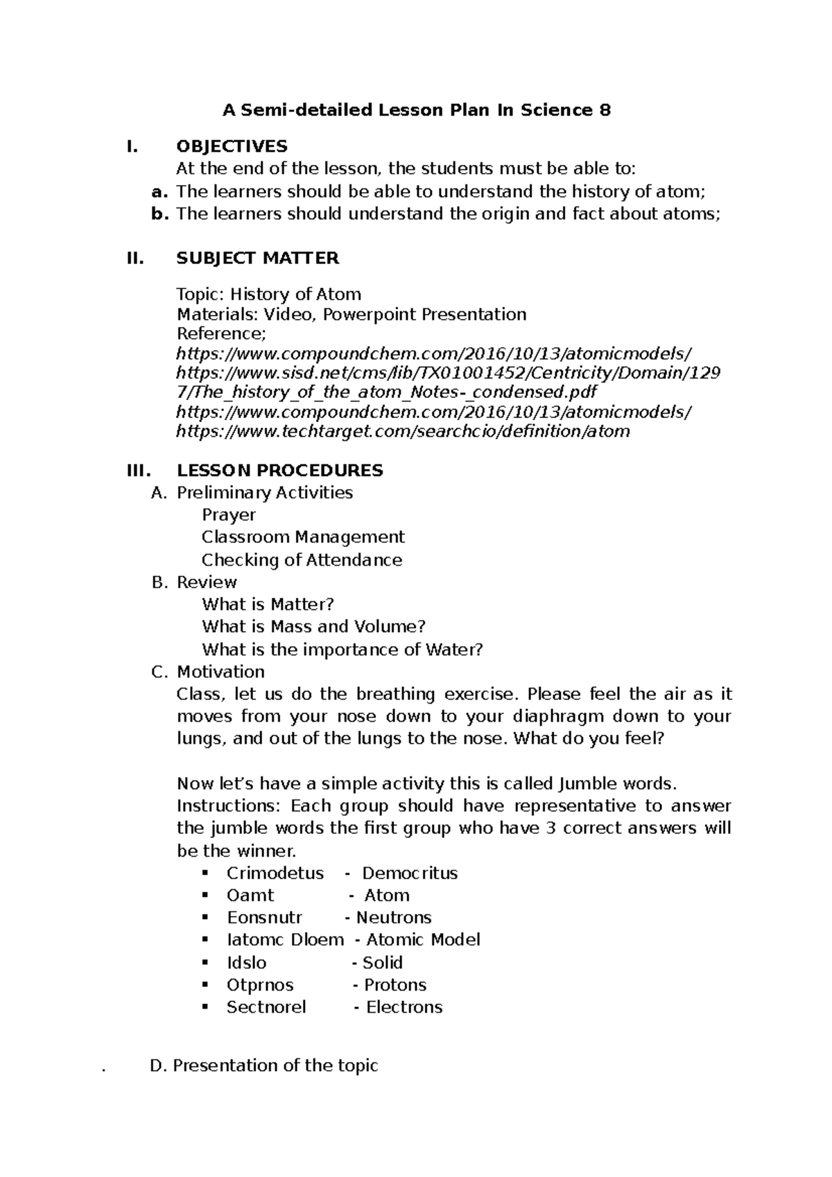 Semi-detailed Lesson Plan on Atoms - Science 8 (ATOM DLP) - Studocu