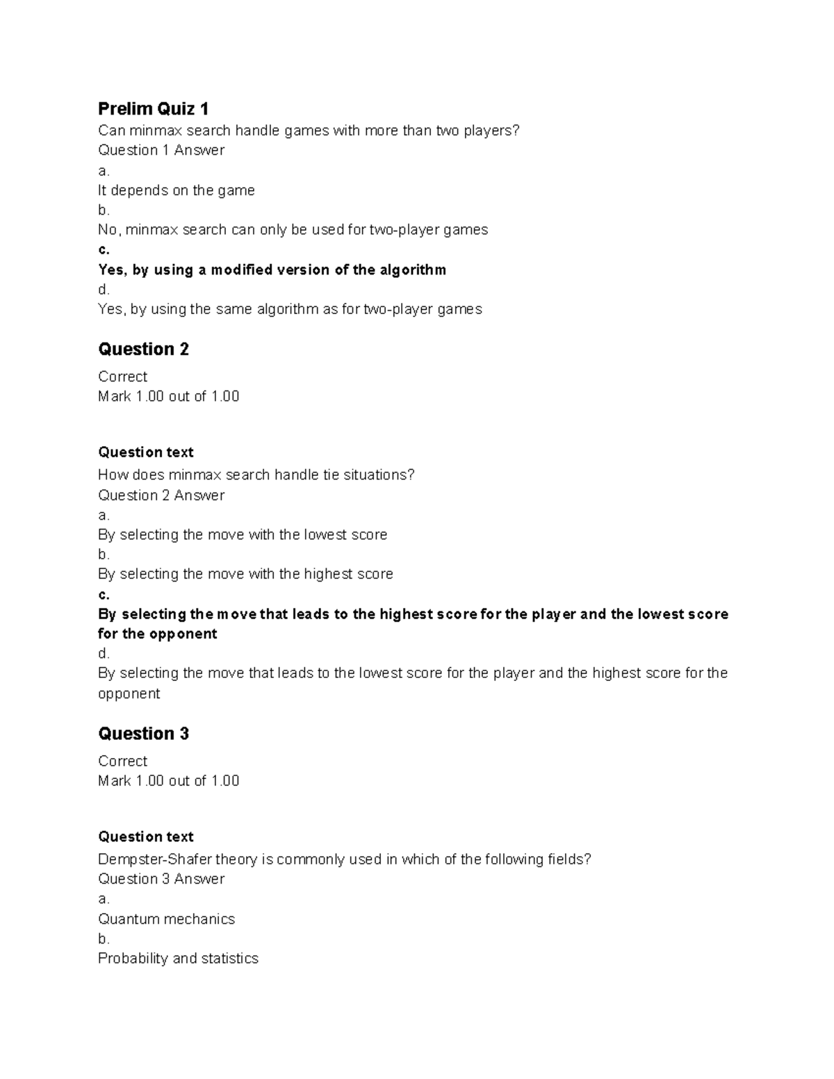 Prelim Quiz 1 AI Fundamentals - Prelim Quiz 1 Can minmax search handle ...