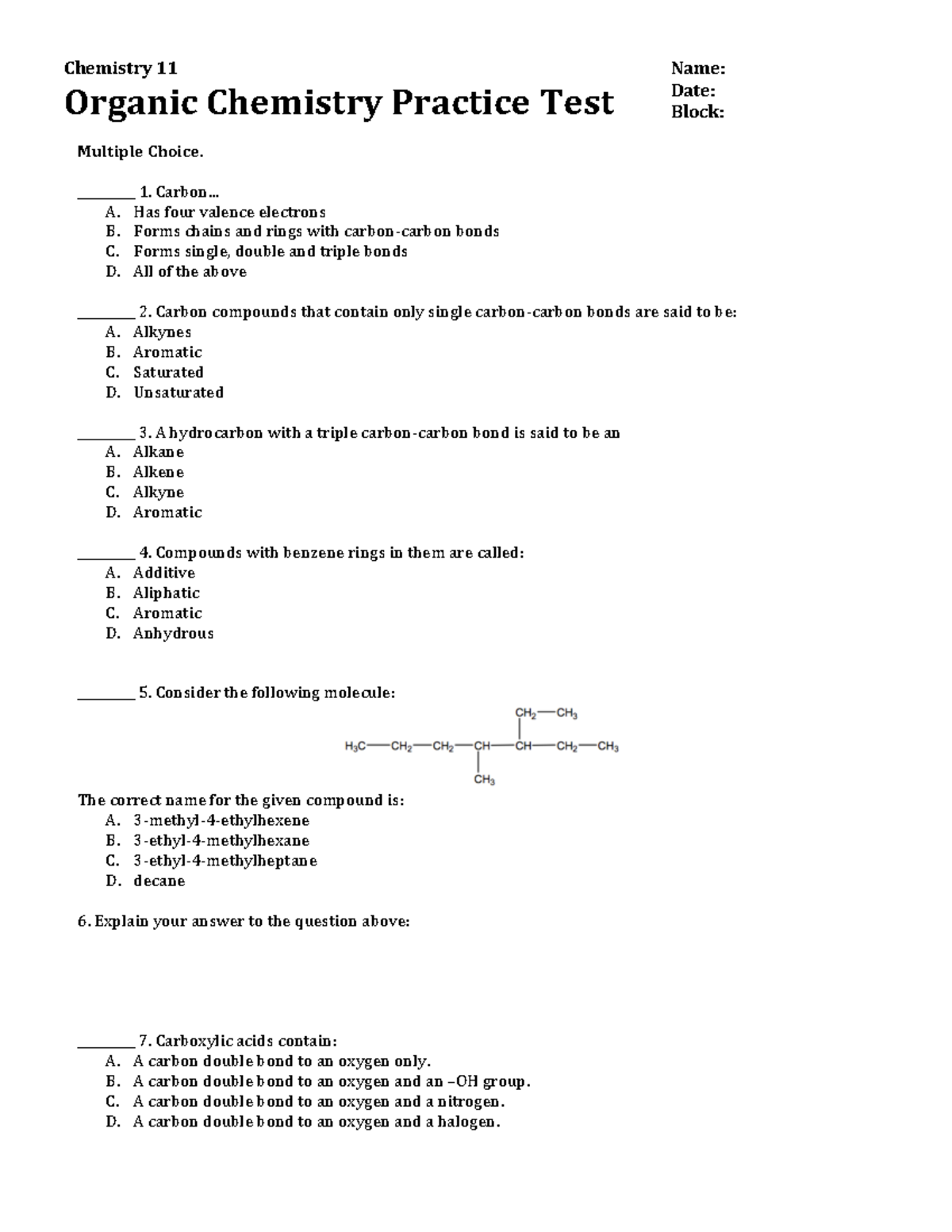 Chemistry 11 Organic Chemistry Practice Test: Multiple Choice ...