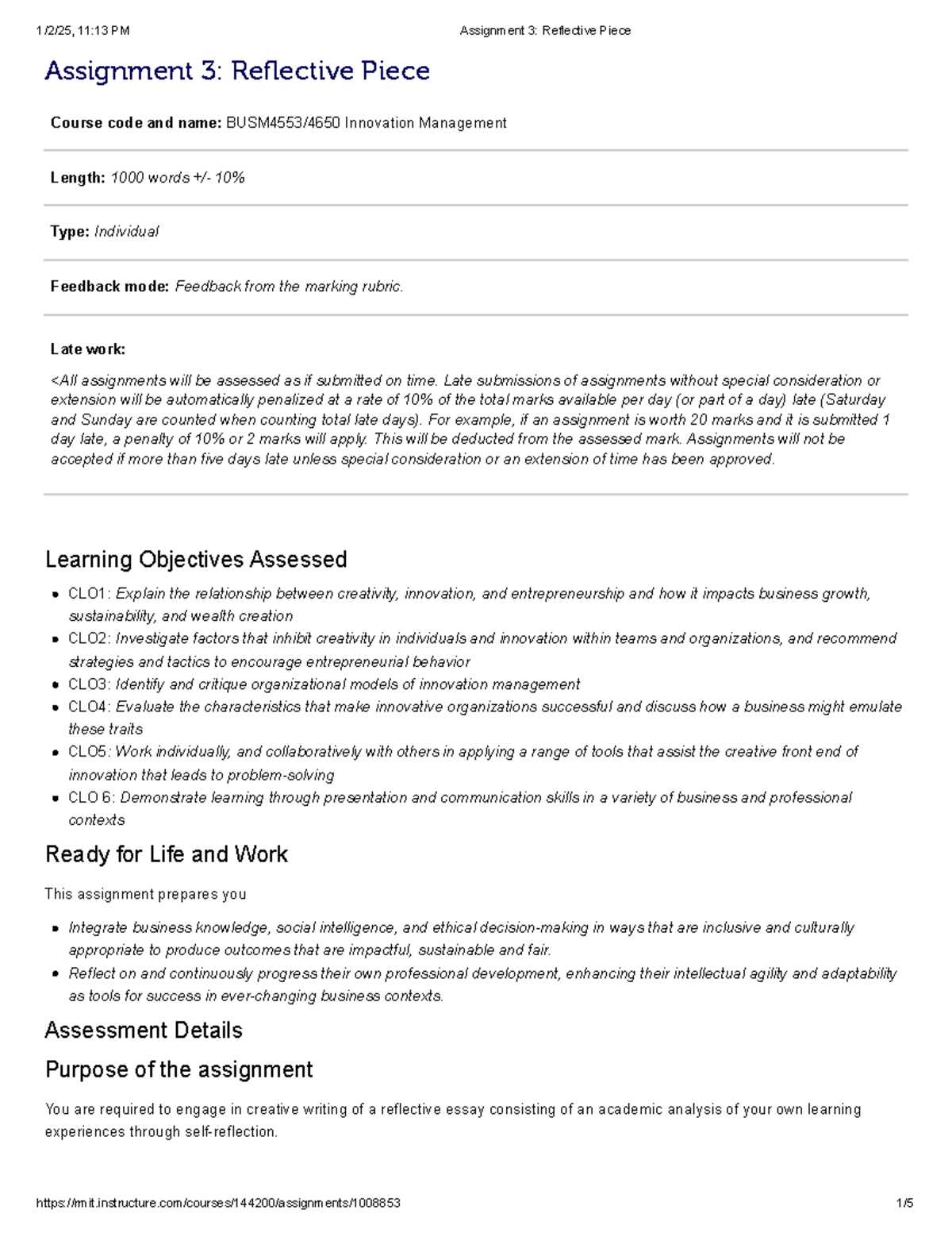 Assignment 3 Reflective Piece - Assignment 3: Reflective Piece Course ...