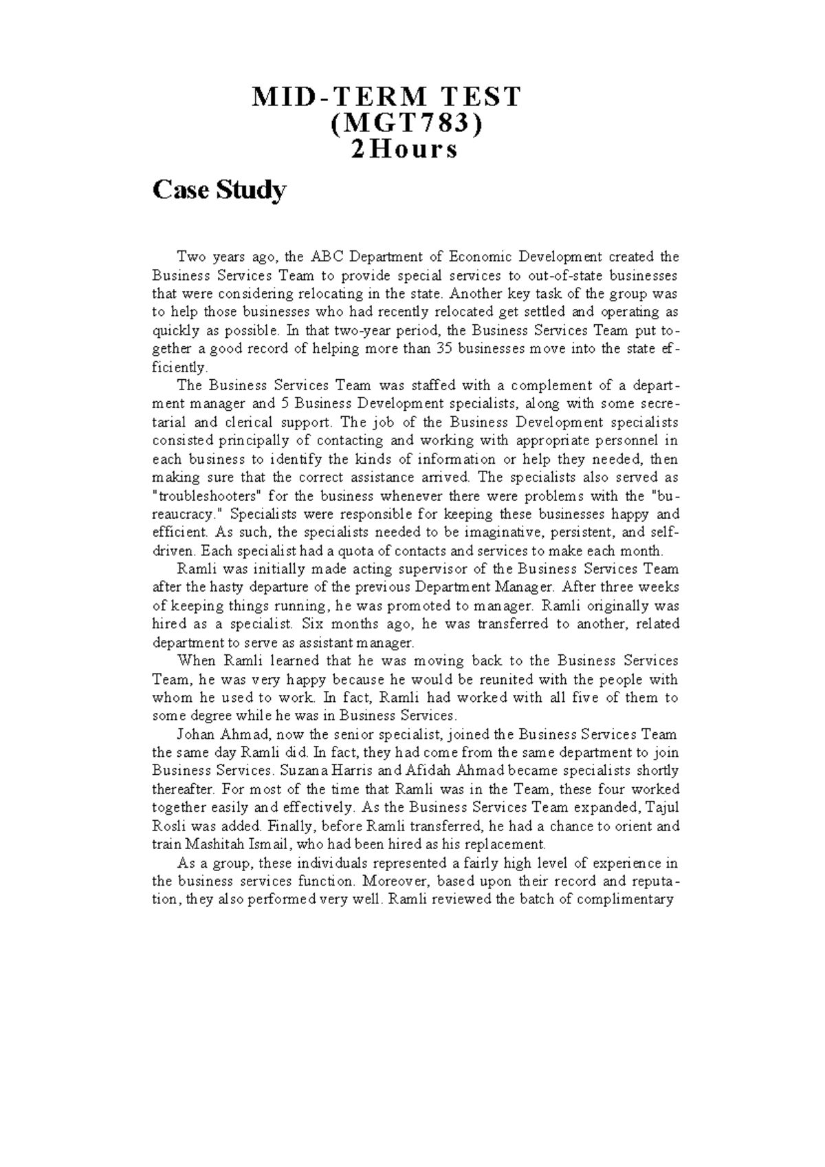 MGT783 2-Hour Case Study: Business Services Team Overview - Studocu
