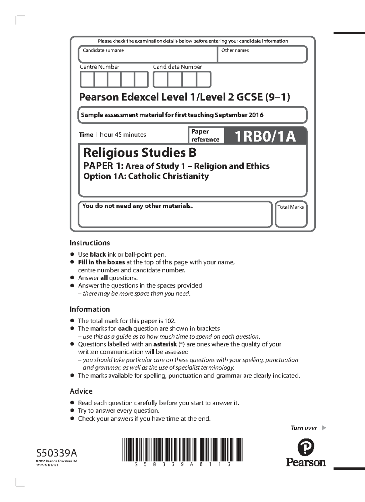 Christianity Paper 1: Sample Exam Details and Instructions - Studocu