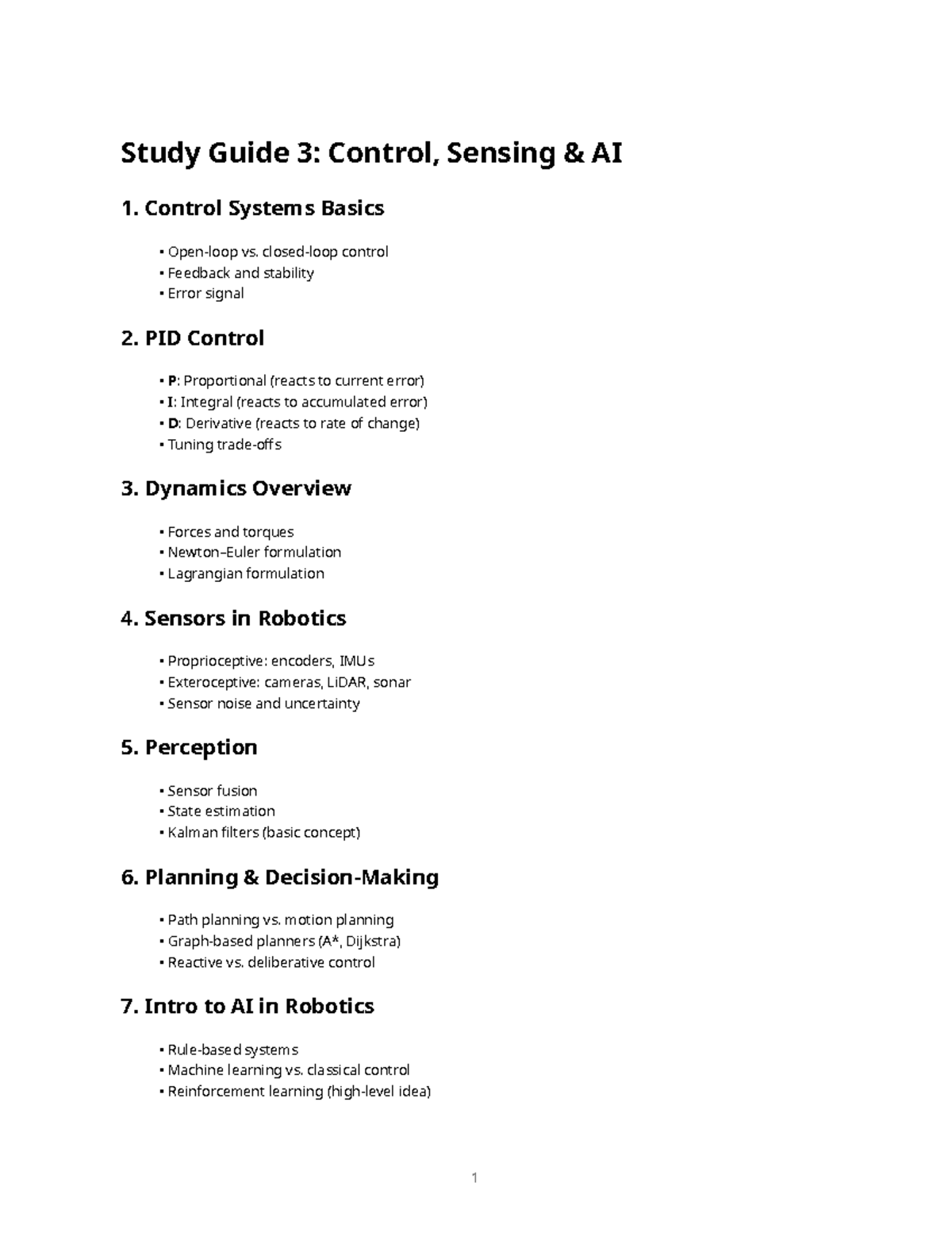 Intro to Robotics - Study Guide 3: Control, Sensing & AI - Studocu